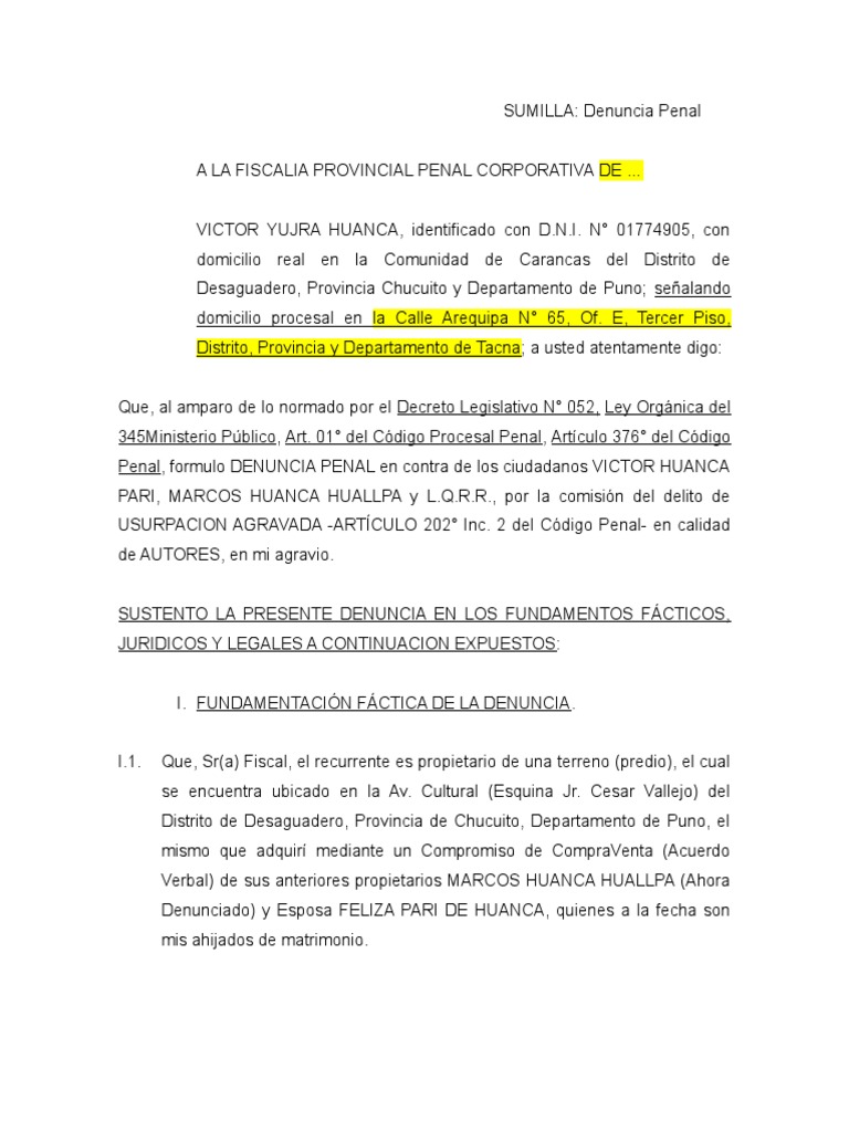 Denuncia Penal | PDF | Justicia | Crimen y violencia