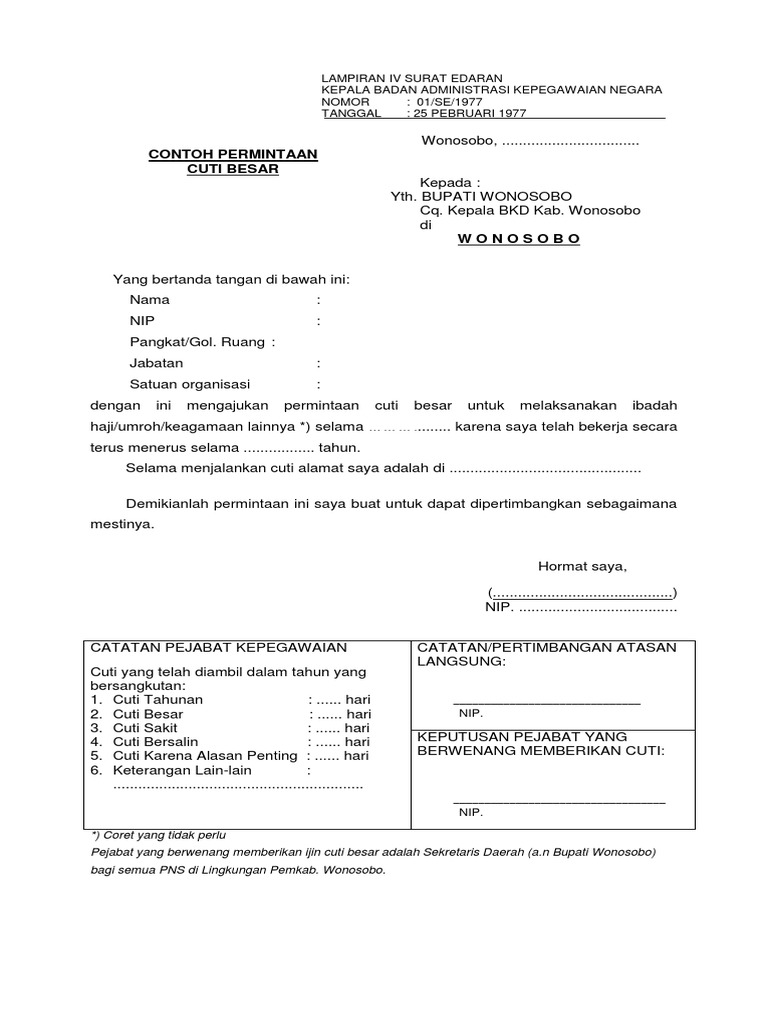 Format Permohonan Dan Ijin Cuti Besar Pns | PDF