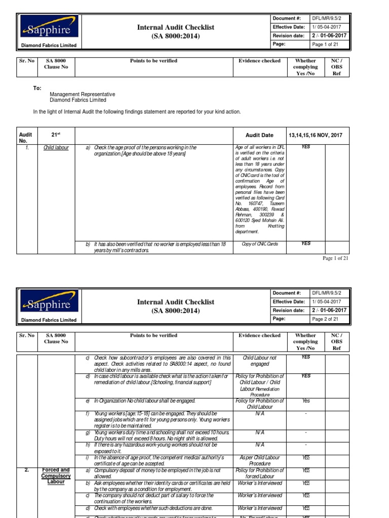SA8000 Internal Audit Checklist 2017 | PDF | Overtime | Occupational ...