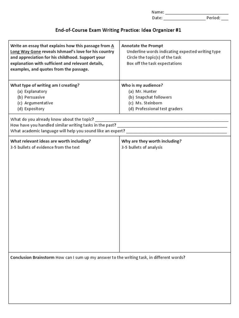 End-of-Course Exam Writing Practice: Idea Organizer #1 | PDF | Essays ...