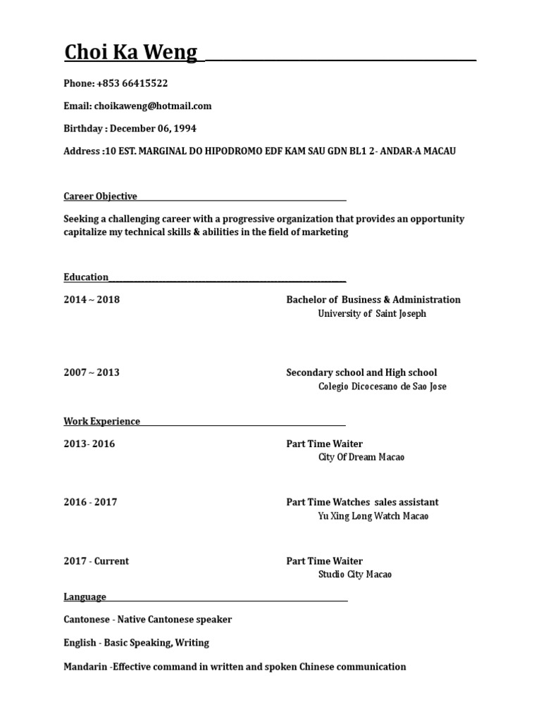 Choi Ka Weng - : University of Saint Joseph | PDF