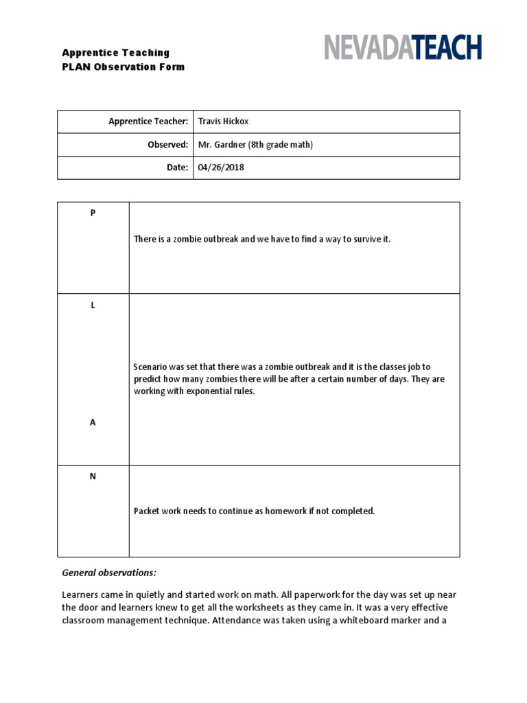 Apprentice Teaching PLAN Observation Form: General Observations | PDF