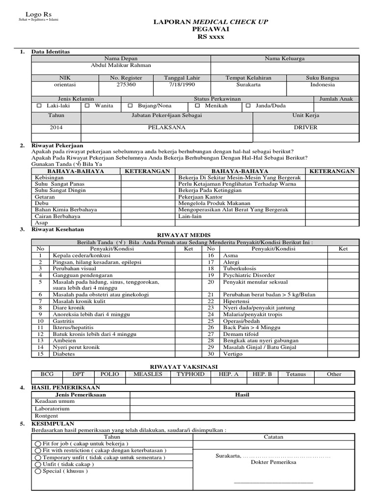 Form MCU Karyawan | PDF