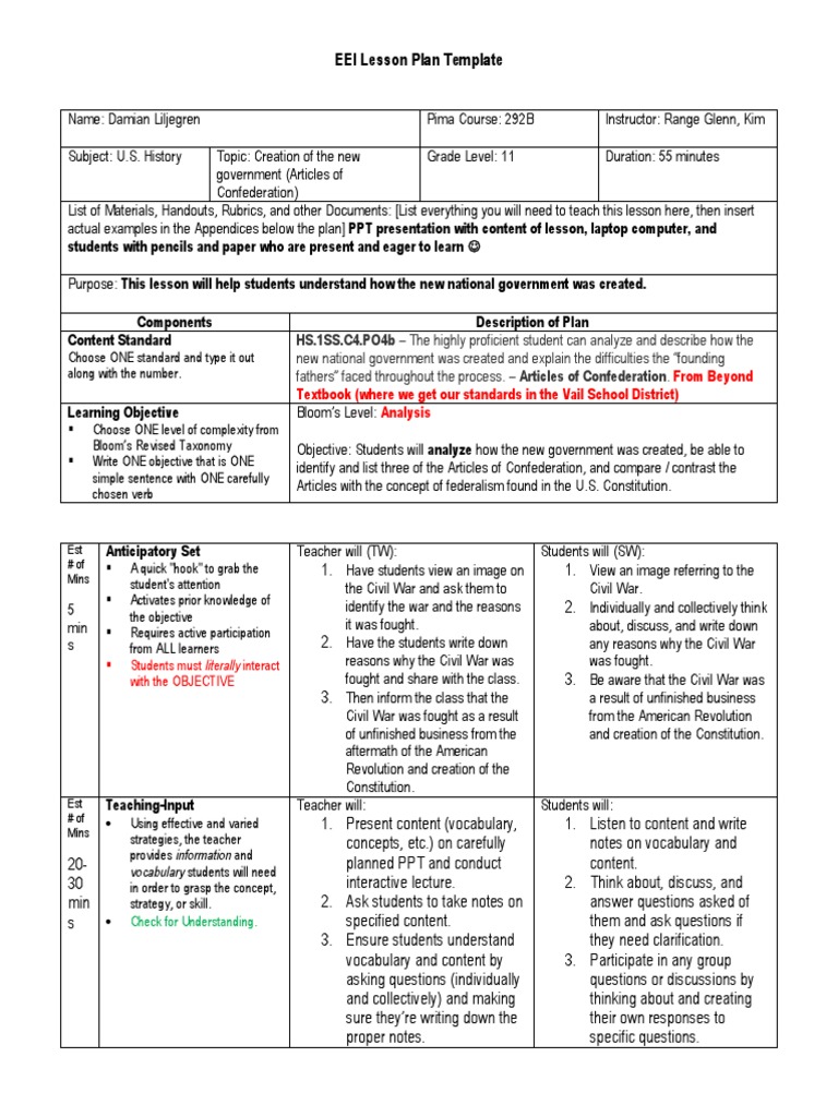 Eei Lesson Plan 4 | PDF | Lesson Plan | Homework