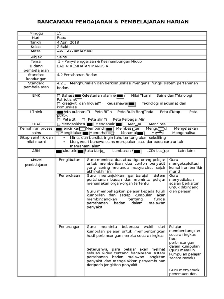 RPH (4 April 2018) - Sains KSSM f2 | PDF