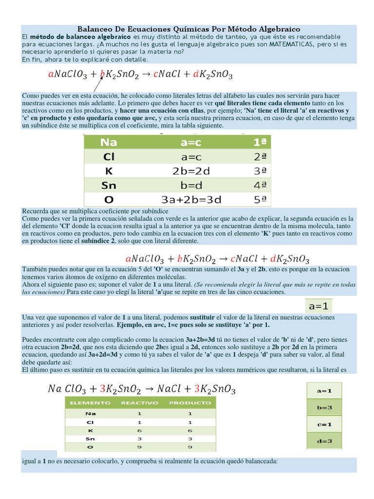 Balanceo de Ecuaciones Químicas Por Método Algebraico