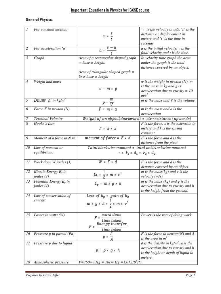 Important Equations in Physics for IGCSE course General Physics ...