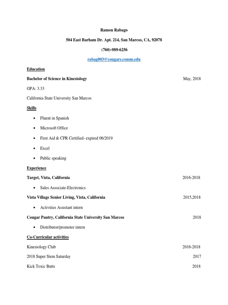 Recent Kinesiology Graduate Resume | PDF