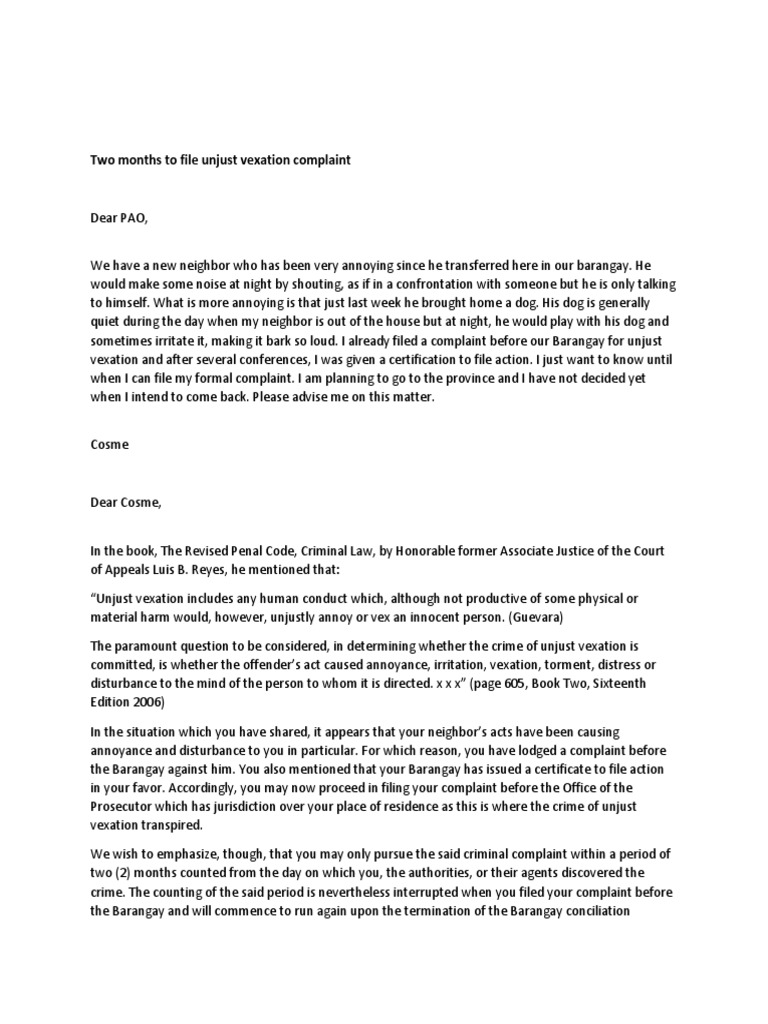 Two Months To File Unjust Vexation Complaint | PDF | Crime & Violence ...