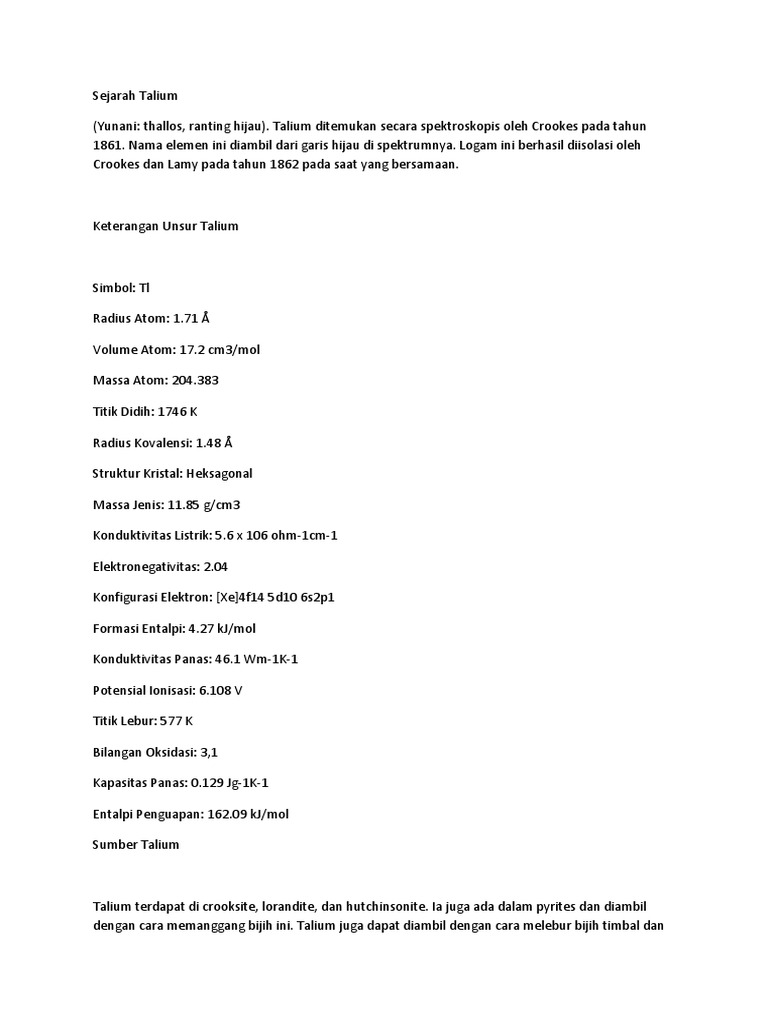 Talium: Sifat dan Kegunaan | PDF | Sains & Matematika