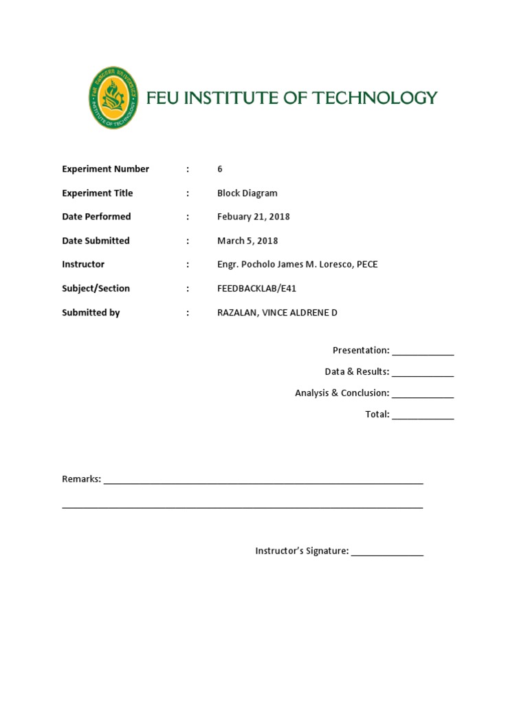 Experiment Number Experiment Title Date Performed Date Submitted Instructor Subject/Section ...