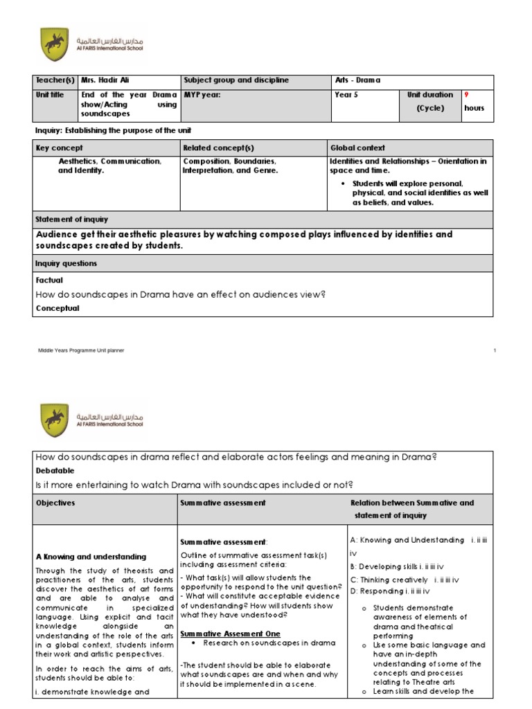 MYP Unit Plan - Grade 10 | PDF | Educational Assessment | Teachers