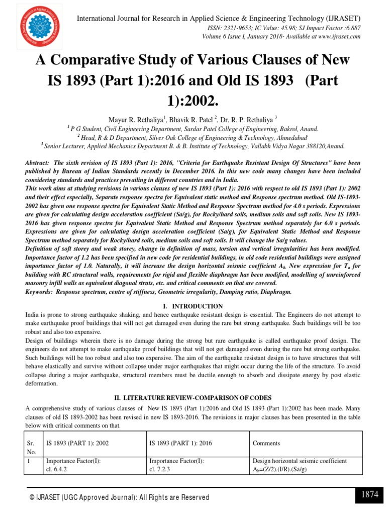 A Comparative Study of Various Clauses of New IS 1893 (Part 1) :2016 ...