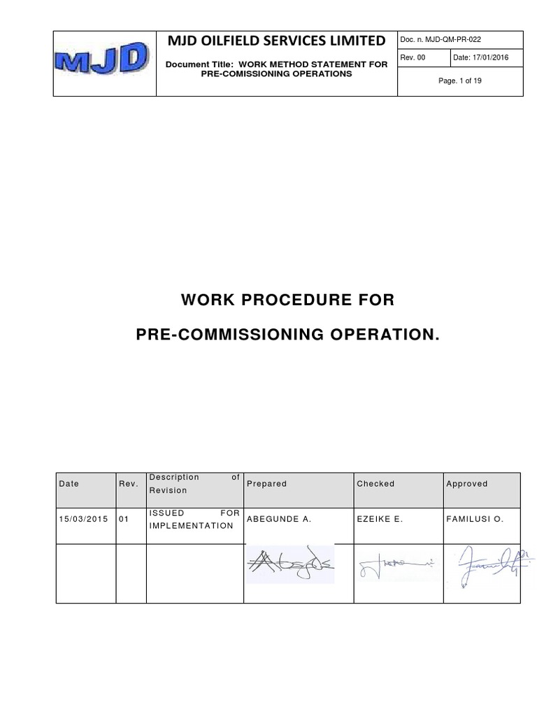 Work Procedure For Pre-Commissioning | PDF | Leak | Pipe (Fluid Conveyance)