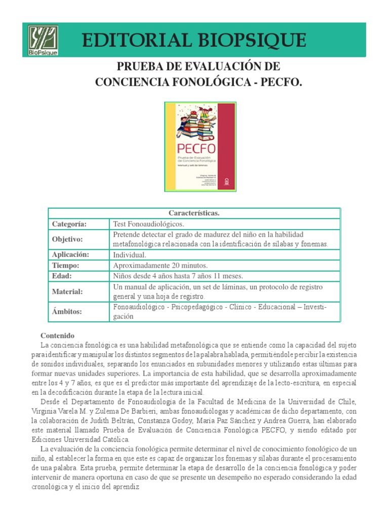Fono 018 Prueba de Evaluacion de Conciencia Fonologica PECFO | Descargar gratis PDF | Sílaba ...