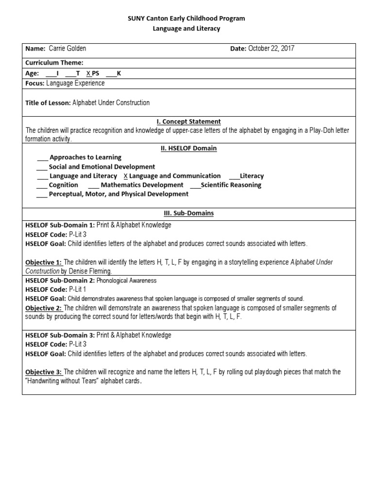 Constructing The Alphabet Lesson Plan | PDF | Literacy | Knowledge