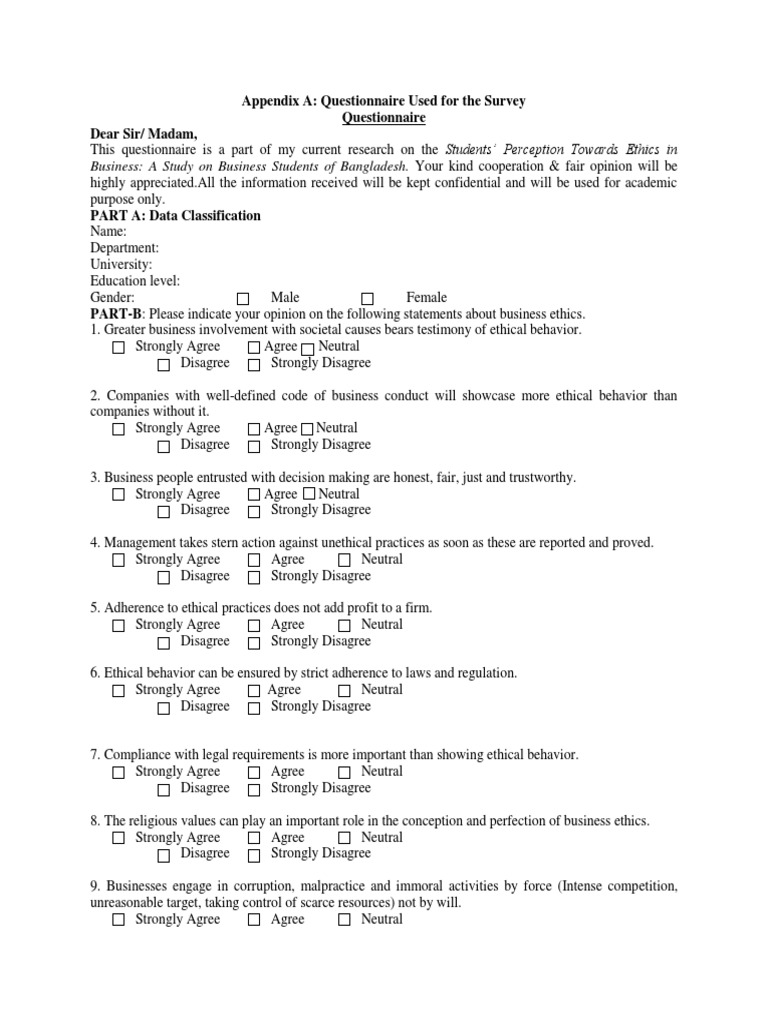 Business Ethics Survey Questionnaire | PDF | Business Ethics | Accounting