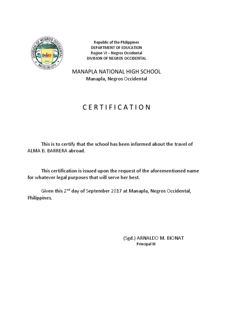 Certification To Travel Abroad | PDF