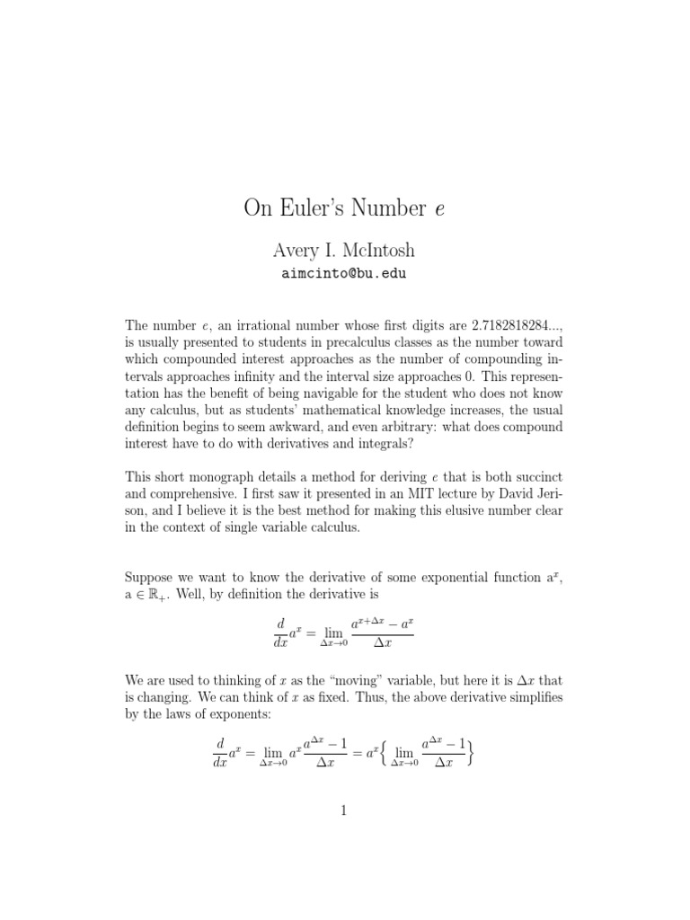 On Euler'S Number E: Avery I. Mcintosh | PDF | Logarithm | Exponentiation