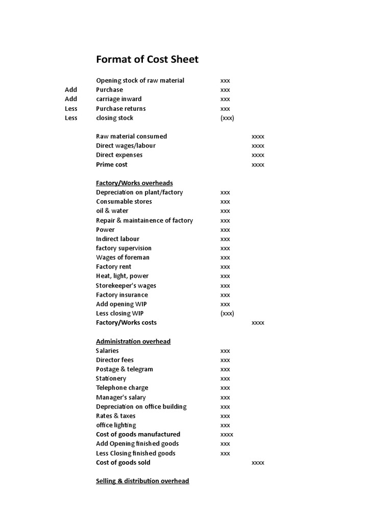 Format Of Cost Sheet Pdf