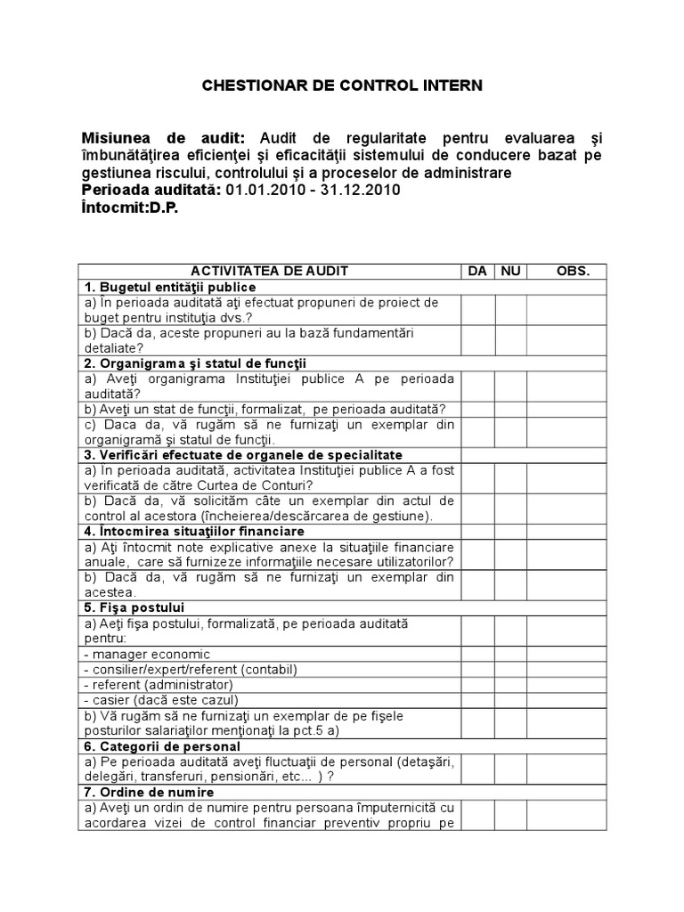 Chestionar de Control Intern | PDF