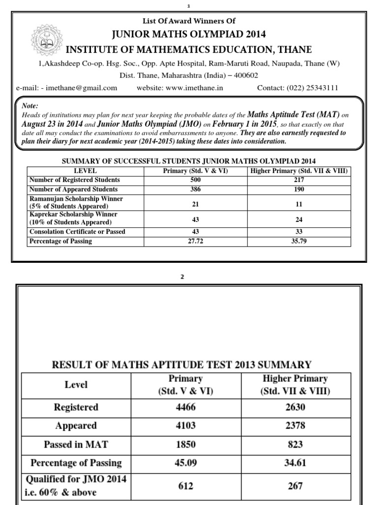 JMO Result Booklet | PDF