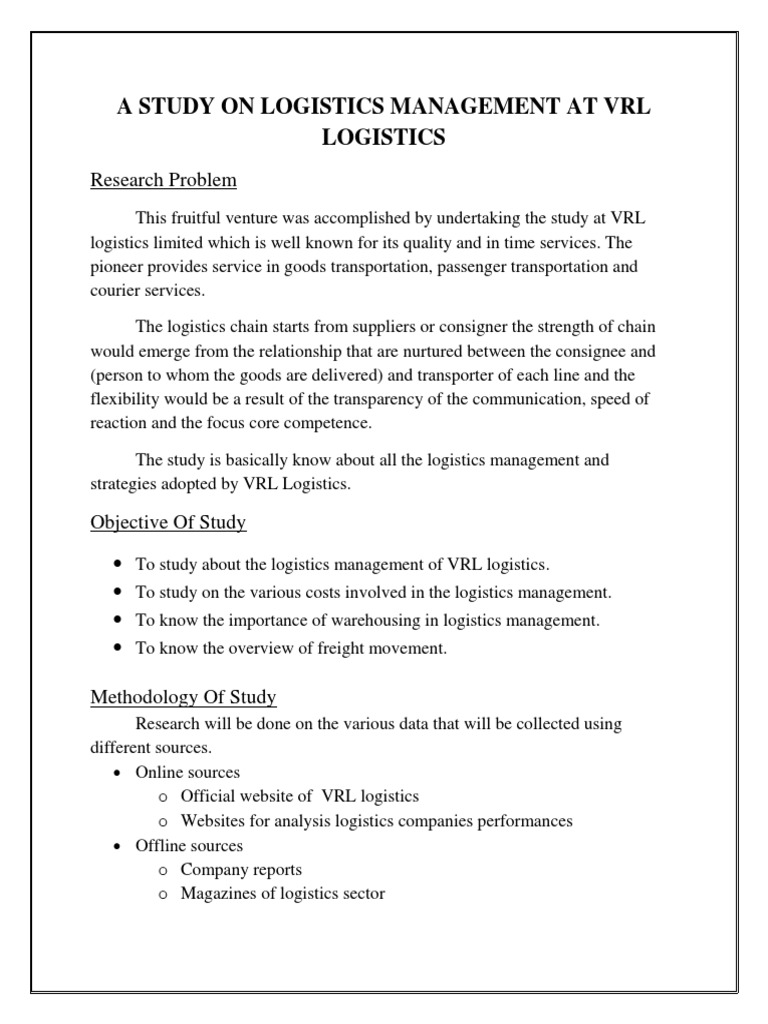 A Study On Logistics Management at VRL Logistics: Research Problem | PDF