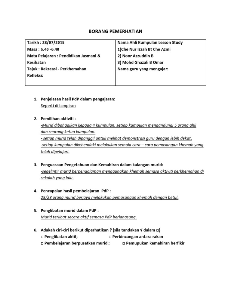 Documents - Tips - Borang Pemerhatian PLC PJK | PDF