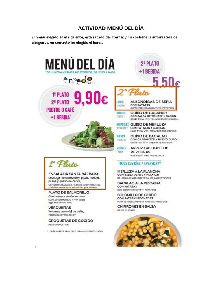 Menú Del Día | PDF | Cocina, comidas y vino