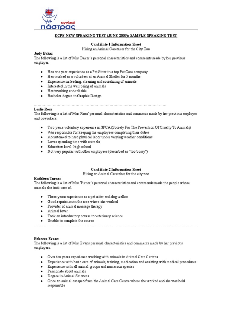 Sample Ecpe Speaking | PDF | Zoo | Test (Assessment)