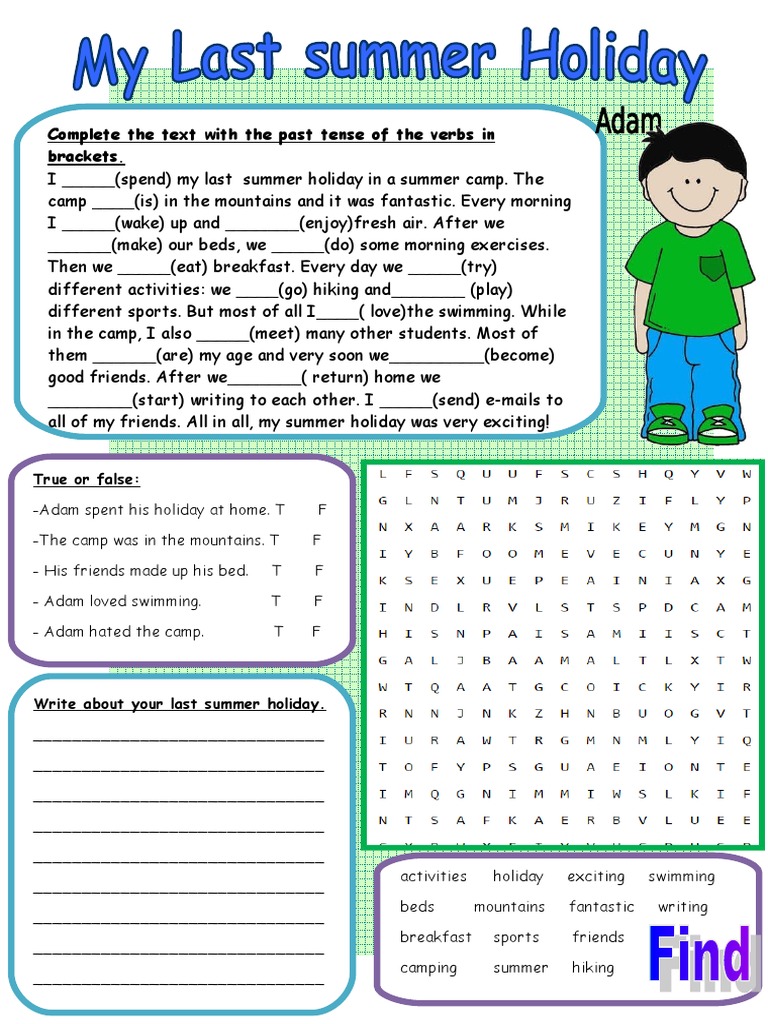 My Last Summer Holiday Reading Comprehension Exercises Wordsearches ...