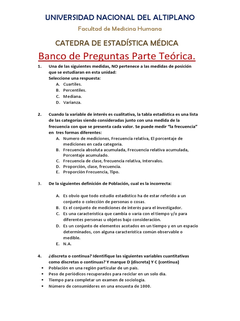 Banco de preguntas de estadística médica para evaluar conceptos básicos | PDF | Desviación ...