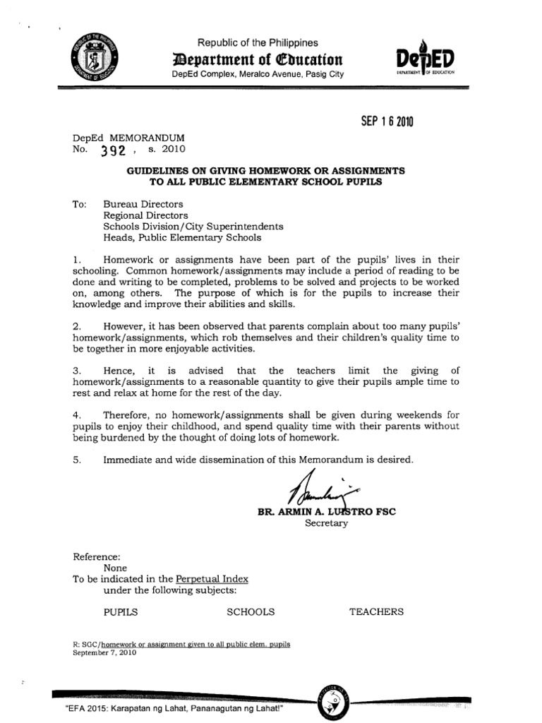DepEd Memo 392 Ban Weekend Assignment For Public Elem Pupils | PDF