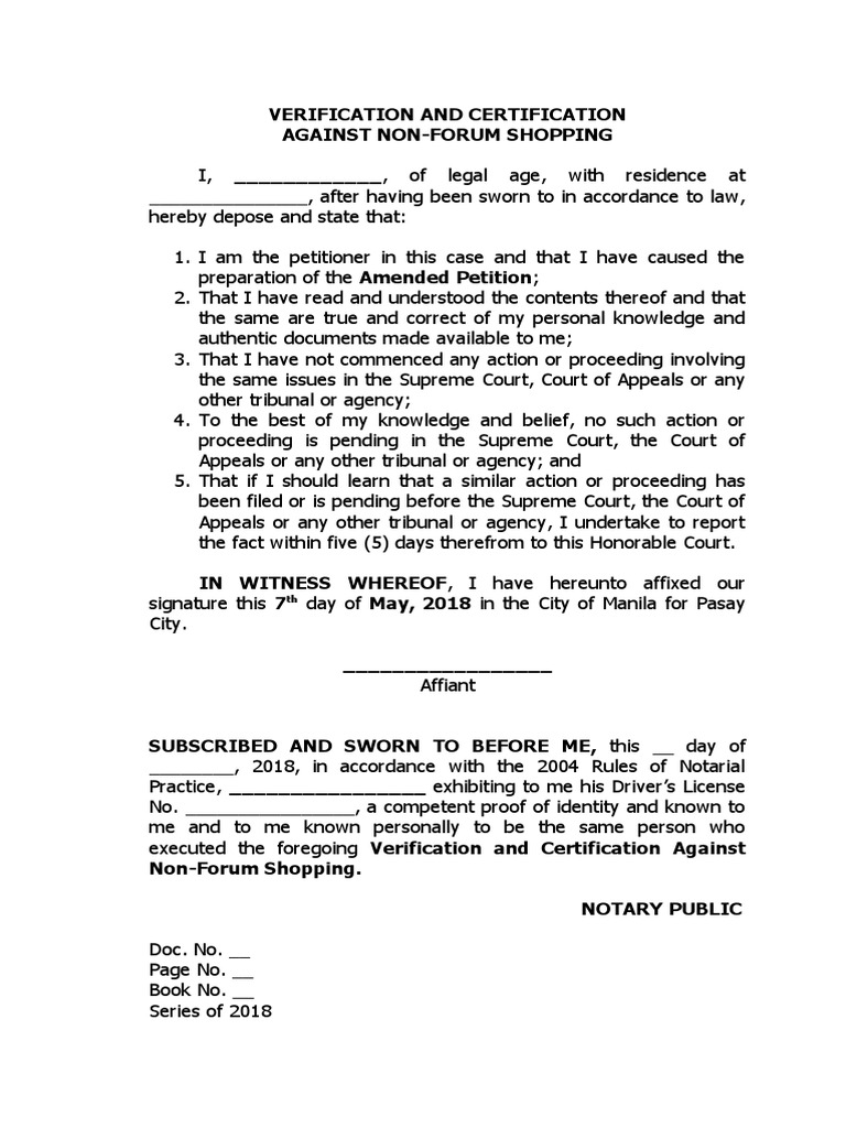 Format For Verification and Certification For Amended Petitions | PDF