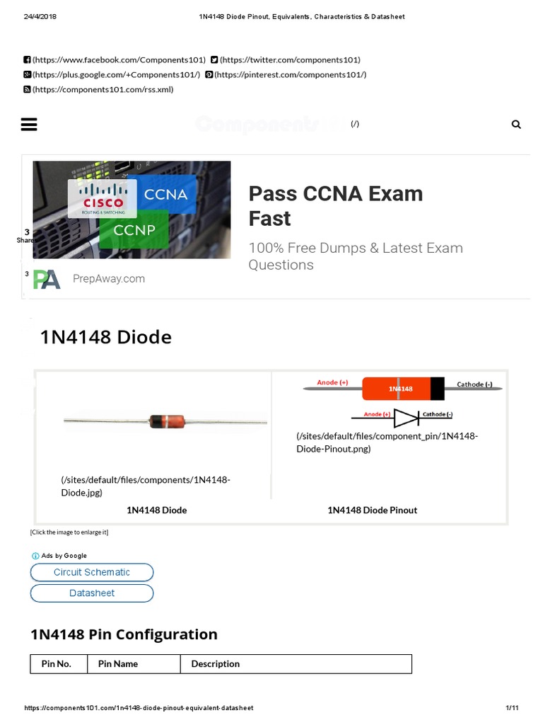 1N4148 Diode Pinout, Equivalents, Characteristics & Datasheet | PDF | Diode | Anode