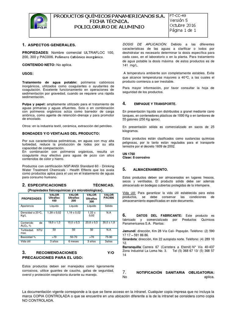 FT-CC-49 Policloruro de Aluminio-Ultrafloc 100, 200, 300 y PAC006 (1 ...
