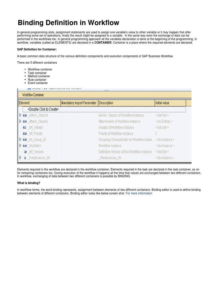 Binding Definition in Workflow: Container SAP Definition For Container ...