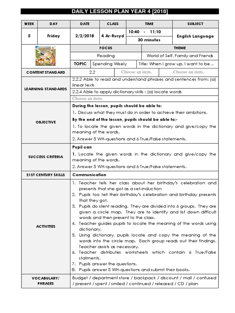 Daily Lesson Plan Year 4 (2018) : Choose An Item. Choose An Item ...