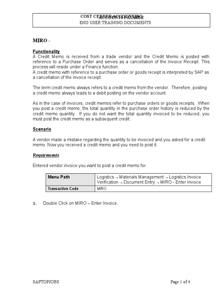 Sap Fi Miro Credit Memo | PDF | Invoice | Accounts Payable
