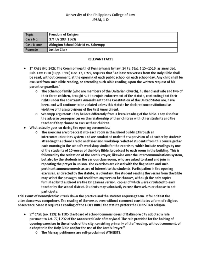 Abington v. Schempp: 1963 Ruling Summary | PDF | Establishment Clause ...
