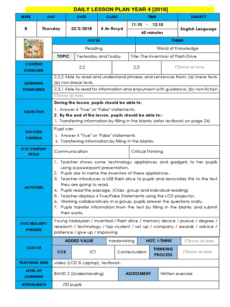 Daily Lesson Plan Year 4 (2018) : Choose An Item | PDF | Lesson Plan ...