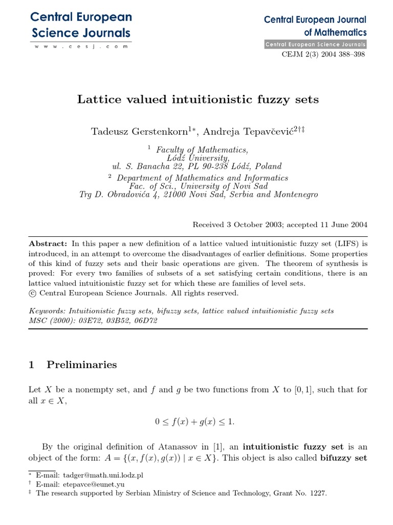 Lattice Valued Intuitionistic Fuzzy Sets: Tadeusz Gerstenkorn, Andreja Tepav Cevi C | PDF ...