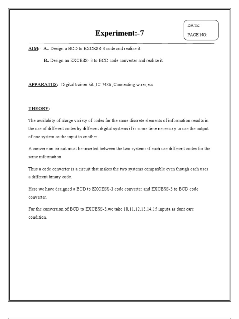 Experiment:-7: AIM:-A.. Design A BCD To EXCESS-3 Code and Realize It | PDF | Binary Coded ...