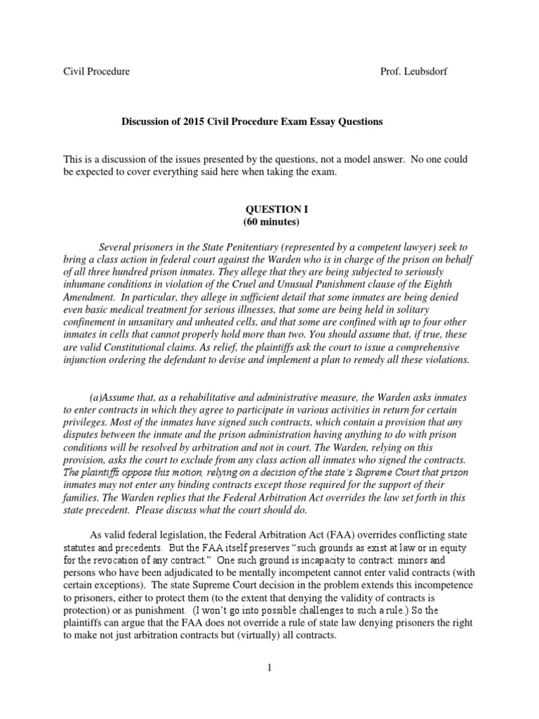 Discussion of 2015 Civil Procedure Exam Essay Questions | PDF ...