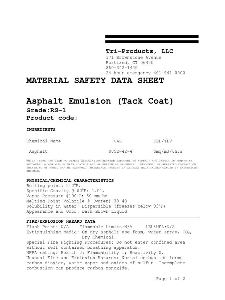 AsphaltEmulsionTackCoat MSDS | Combustion | Nitrogen