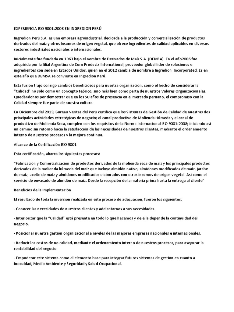 Biografia de Ingredion Peru Sa | PDF | Maíz | Calidad (comercial)