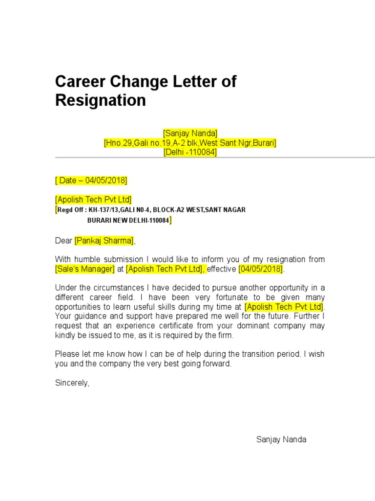 Career Change Resignation Letter | PDF