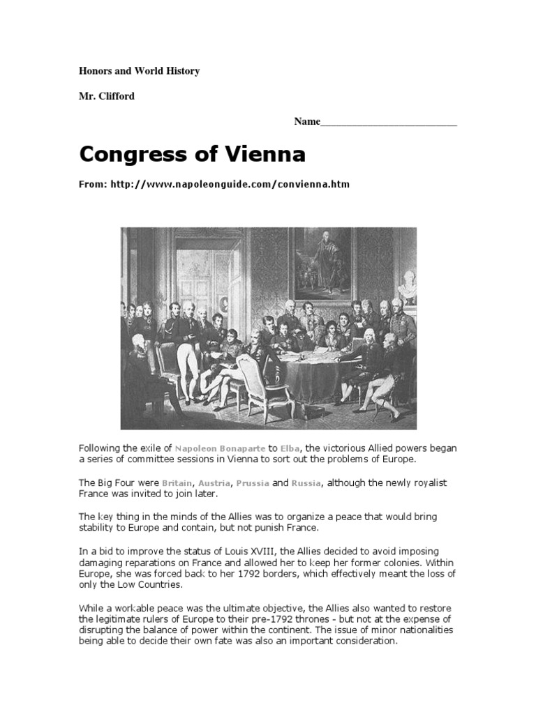 Congress of Vienna Worksheet | PDF | Napoleon | Global Politics