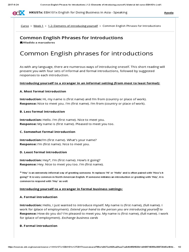 Common English Phrases For Introductions - 1 | PDF | Human ...