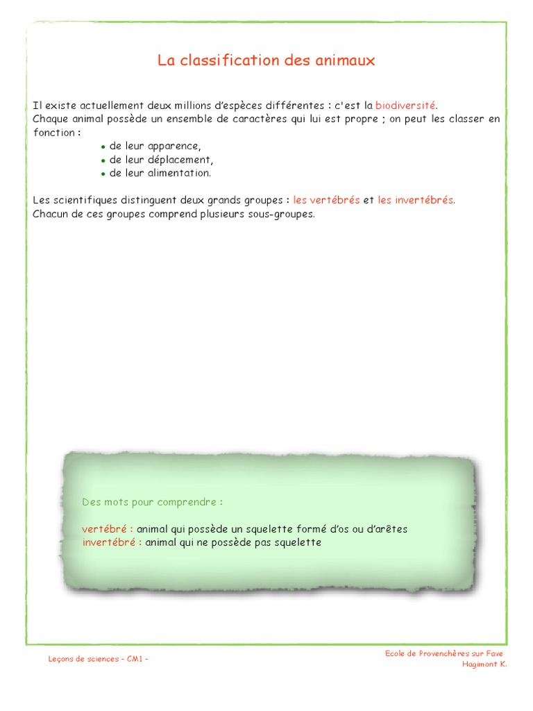 Classification des Animaux pour CM1 | PDF | Invertébrés | Organismes